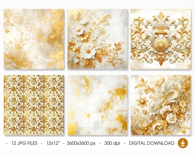 Victorian Gold Digital Paper, Shabby Chic Gold and White Damask ...
