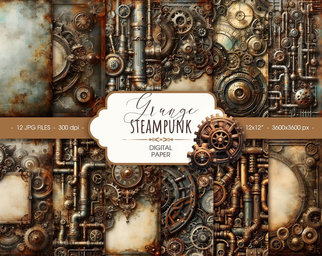 Grunge Steampunk Digital Paper: Rust Pipes, Vintage Ephemera (digital ...