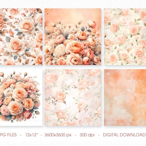 Peach Floral Digital Paper, Abstract Pastel Orange Watercolor Flowers ...