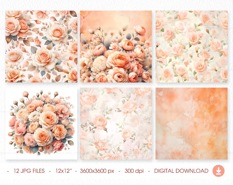 Peach Floral Digital Paper, Abstract Pastel Orange Watercolor Flowers ...