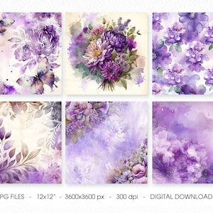 Purple Floral Digital Paper, Abstract Purple Flowers Watercolor Wedding ...