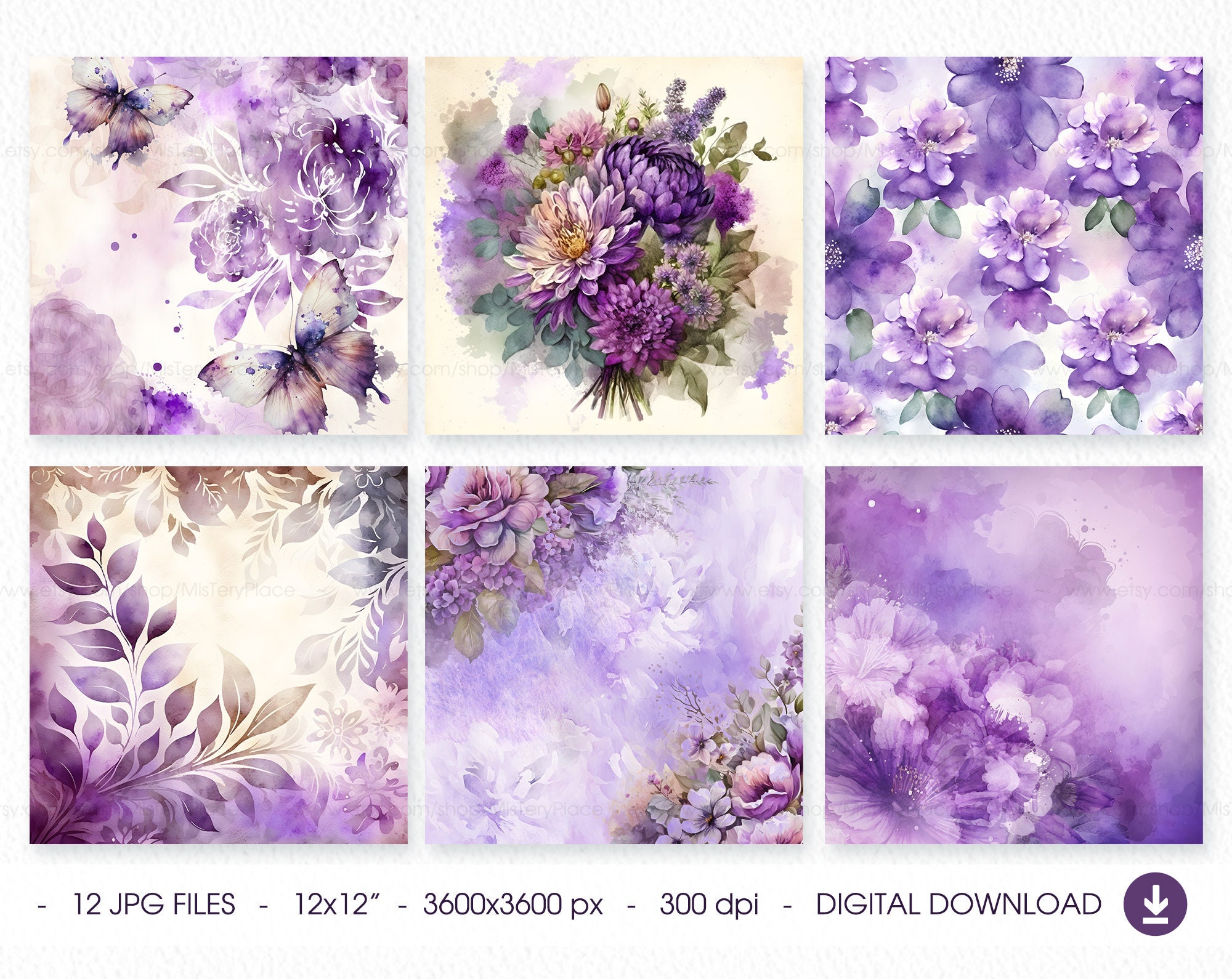 Purple Floral Digital Paper, Abstract Purple Flowers Watercolor Wedding ...