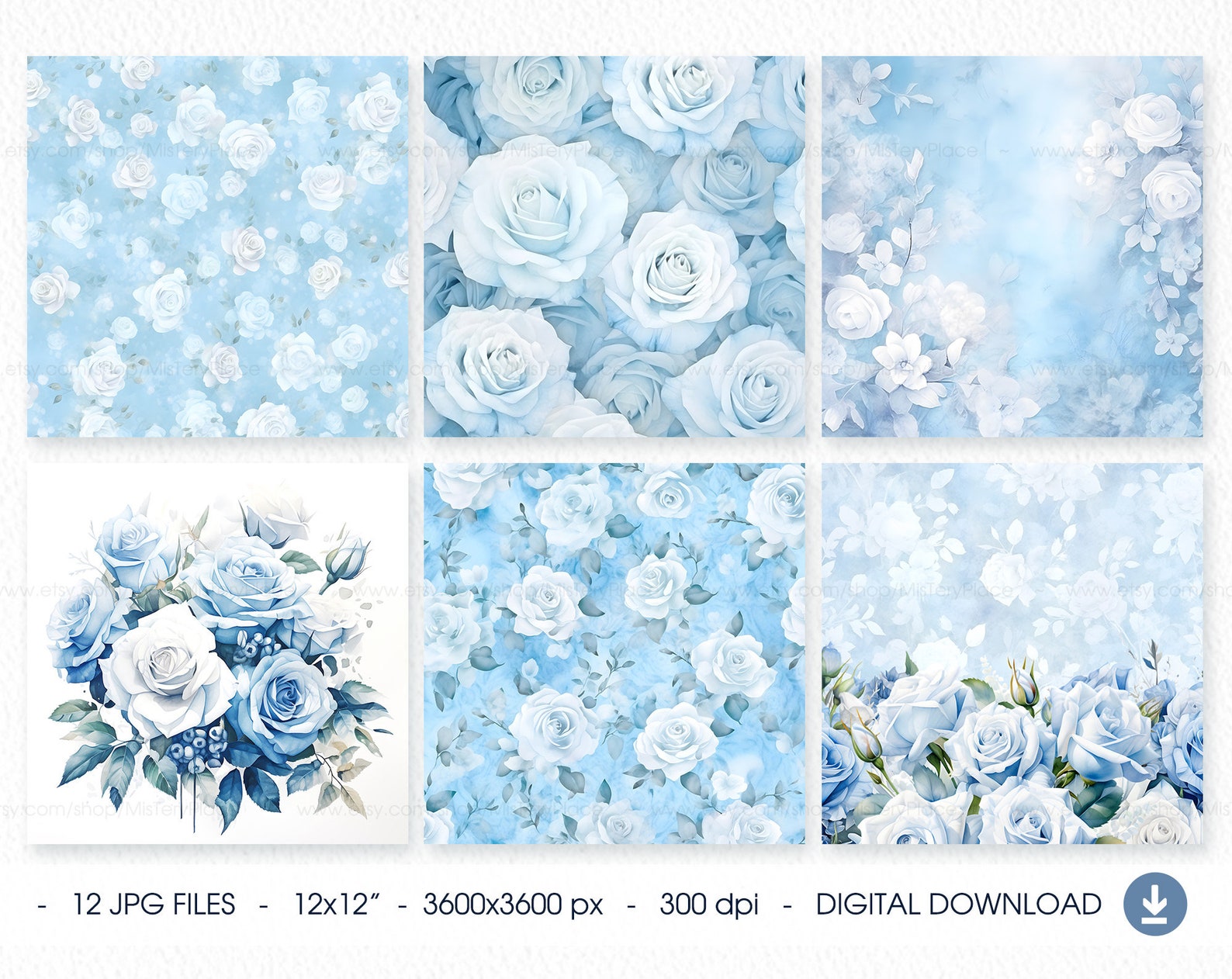 Pastel Blue Floral Digital Paper, Blue Rose Watercolor Scrapbook Paper ...