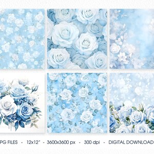 Pastel Blue Floral Digital Paper, Blue Rose Watercolor Scrapbook Paper ...