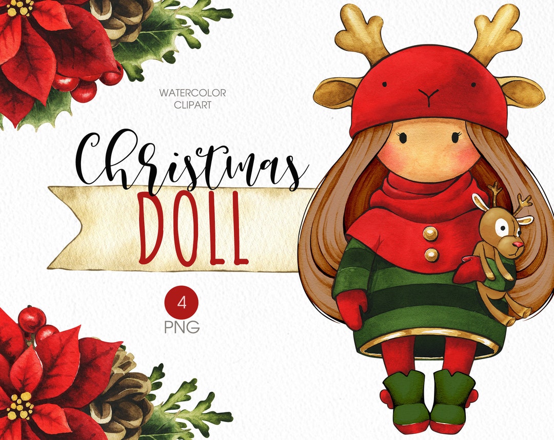 Christmas Baby Girl Doll PNG Clipart. Cute Watercolor Clipart ...