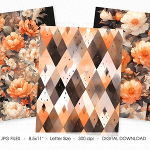 Halloween Floral Digital Paper, Fall Black and Orange Floral Pattern ...