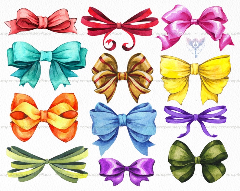Watercolor Bow Clipart PNG Hand Painted Watercolor Multicolor - Etsy