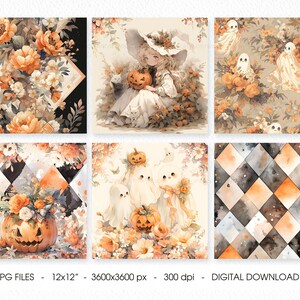 Vintage Halloween Digital Paper, Cute Halloween Watercolor Scrapbook ...