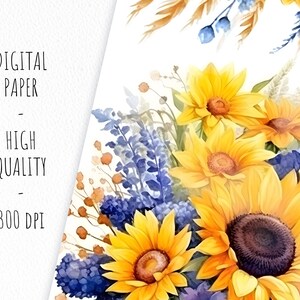 Sunflower Digital Paper, Yellow and Blue Floral Cottagecore Watercolor ...