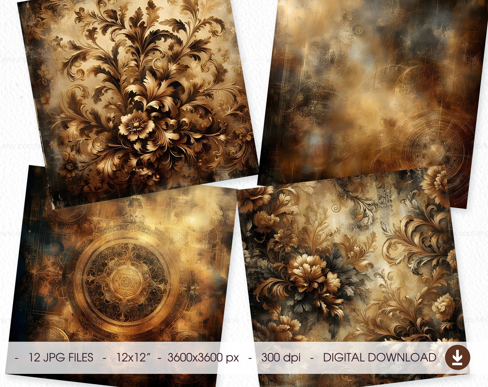Antique Gold Victorian Digital Paper, Vintage Damask Shabby Chic ...