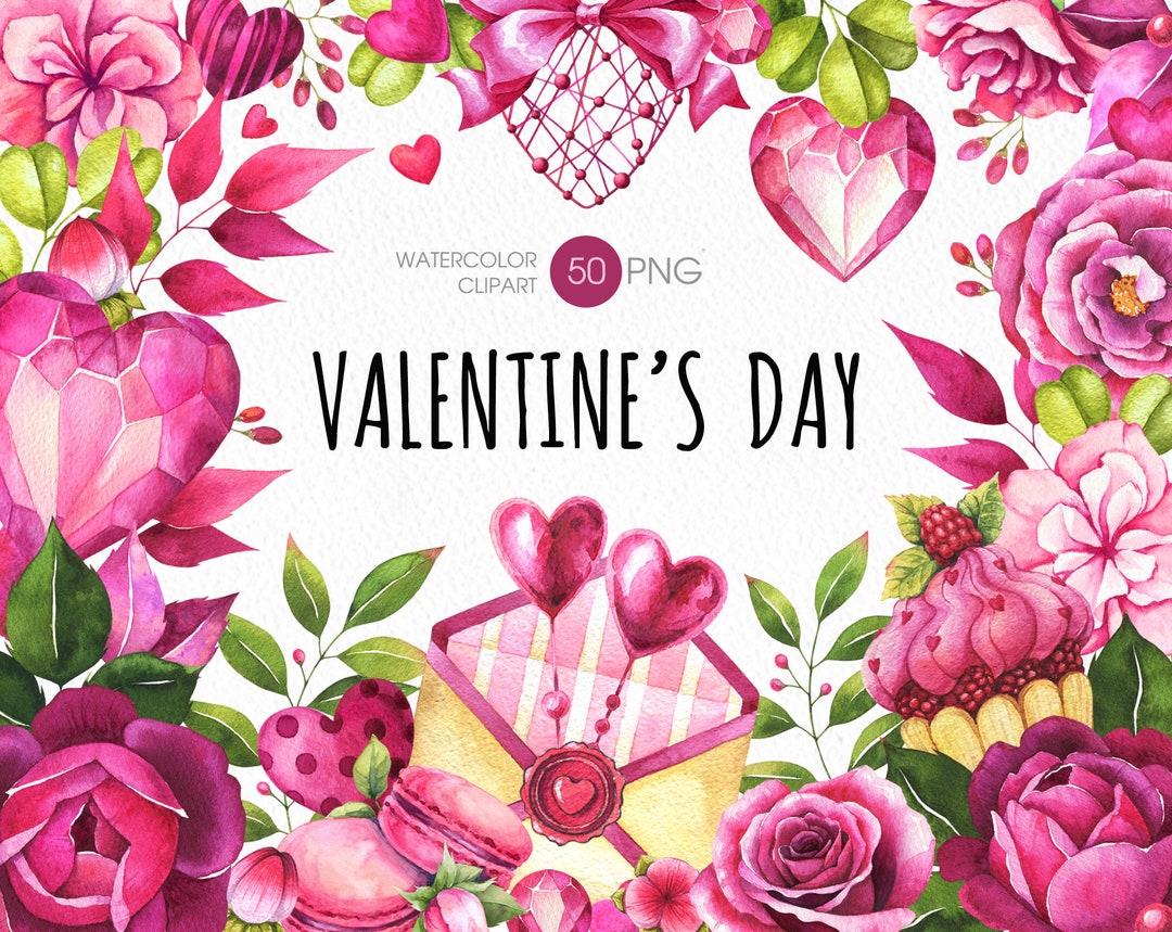 Valentines PNG Clipart. Watercolor Love Clipart, Pink Hearts, Flowers ...