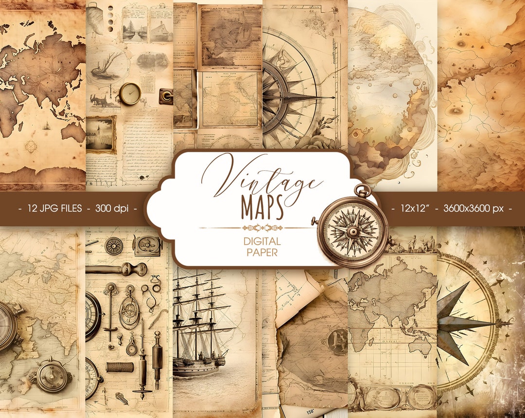 Vintage Map Digital Paper, Retro Adventure Scrapbook Paper, Grunge Word ...