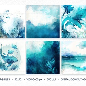 Sea Watercolor Digital Paper, Abstract Blue Underwater Scrapbook Paper ...