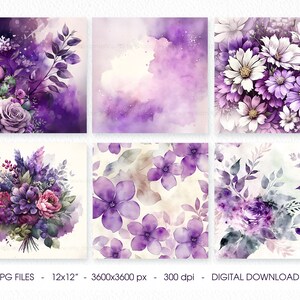 Purple Floral Digital Paper, Abstract Purple Flowers Watercolor Wedding ...