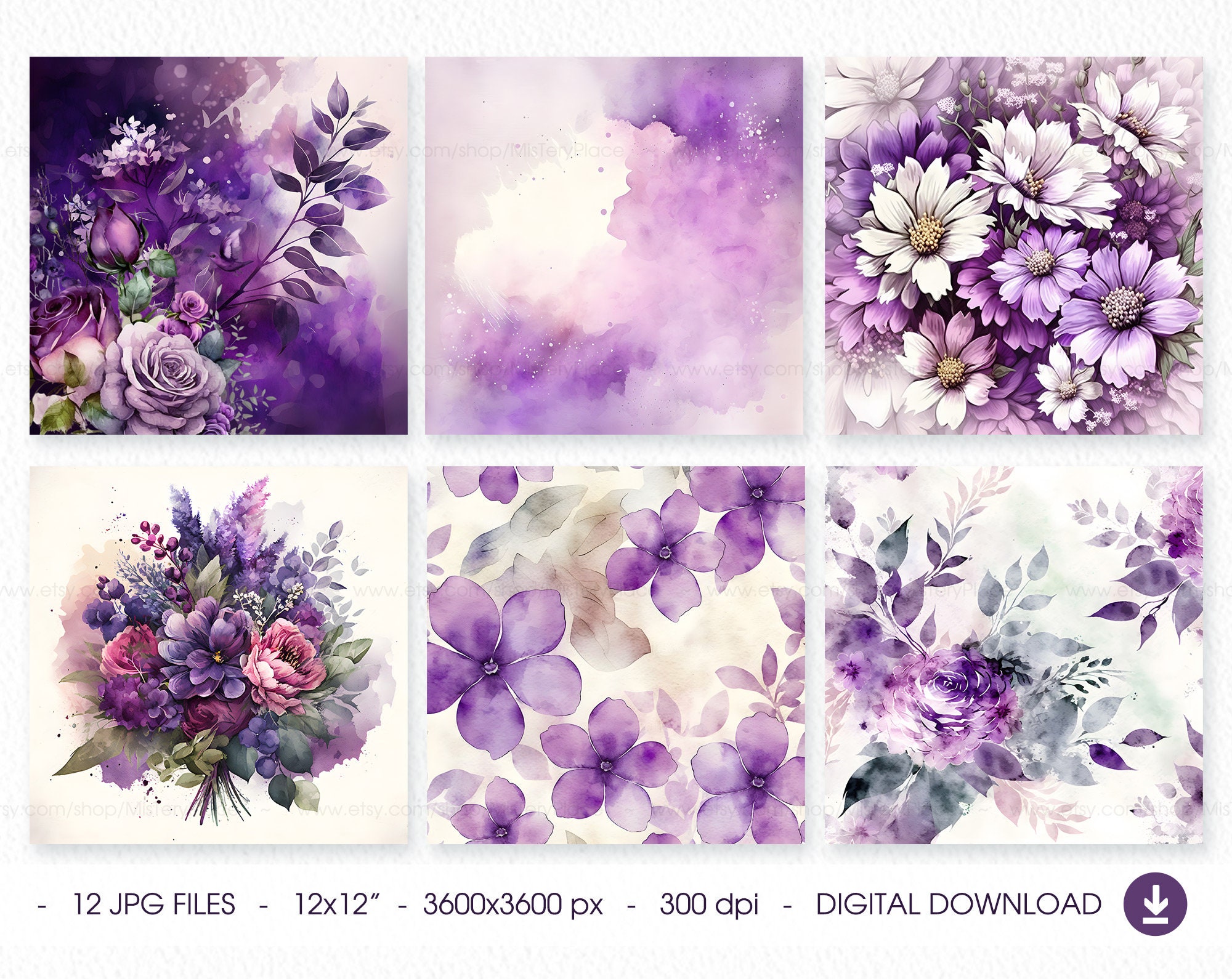 Purple Floral Digital Paper, Abstract Purple Flowers Watercolor Wedding ...