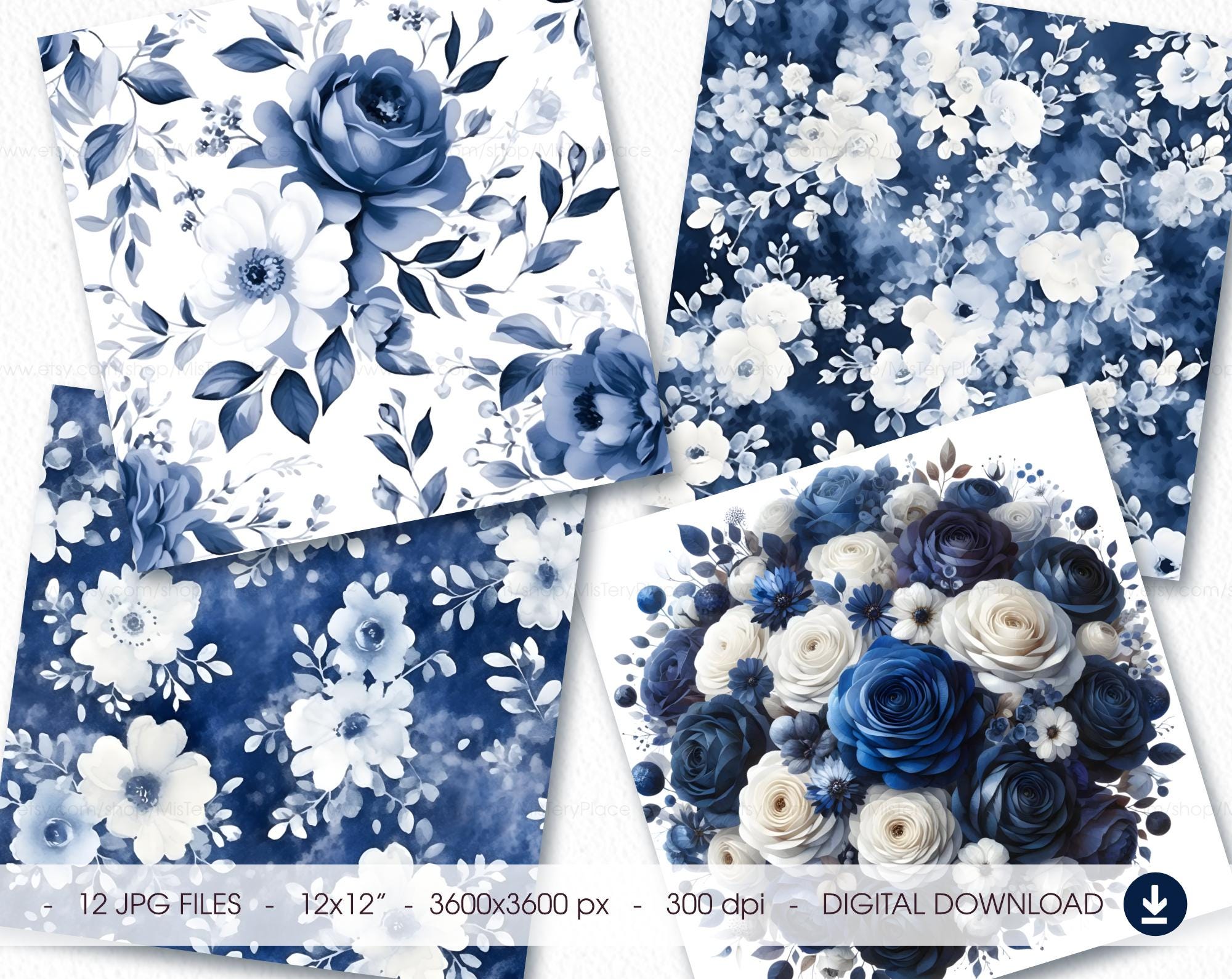 Navy Blue Floral Digital Paper: Watercolor Scrapbook Backgrounds (12x12 ...