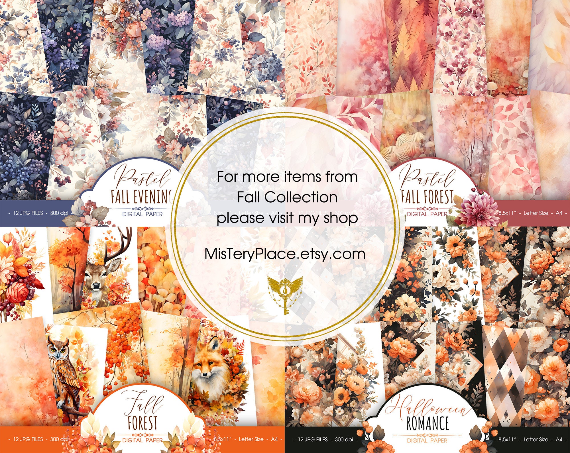 Halloween Floral Digital Paper, Fall Black and Orange Floral Pattern ...