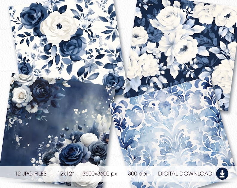 Navy Blue Floral Digital Paper: Watercolor Scrapbook Backgrounds (12x12 ...