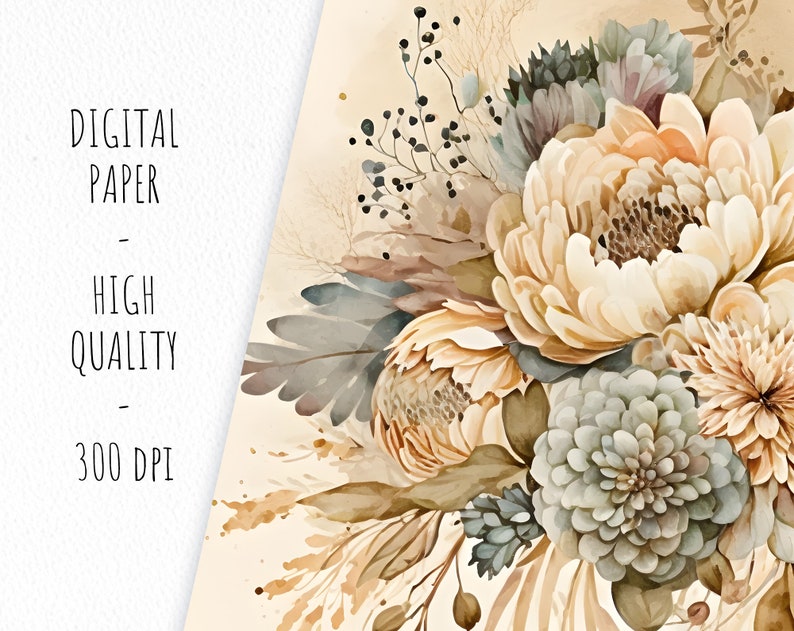 Boho Floral Digital Paper, Abstract Bohemian Wedding Scrapbook Paper ...