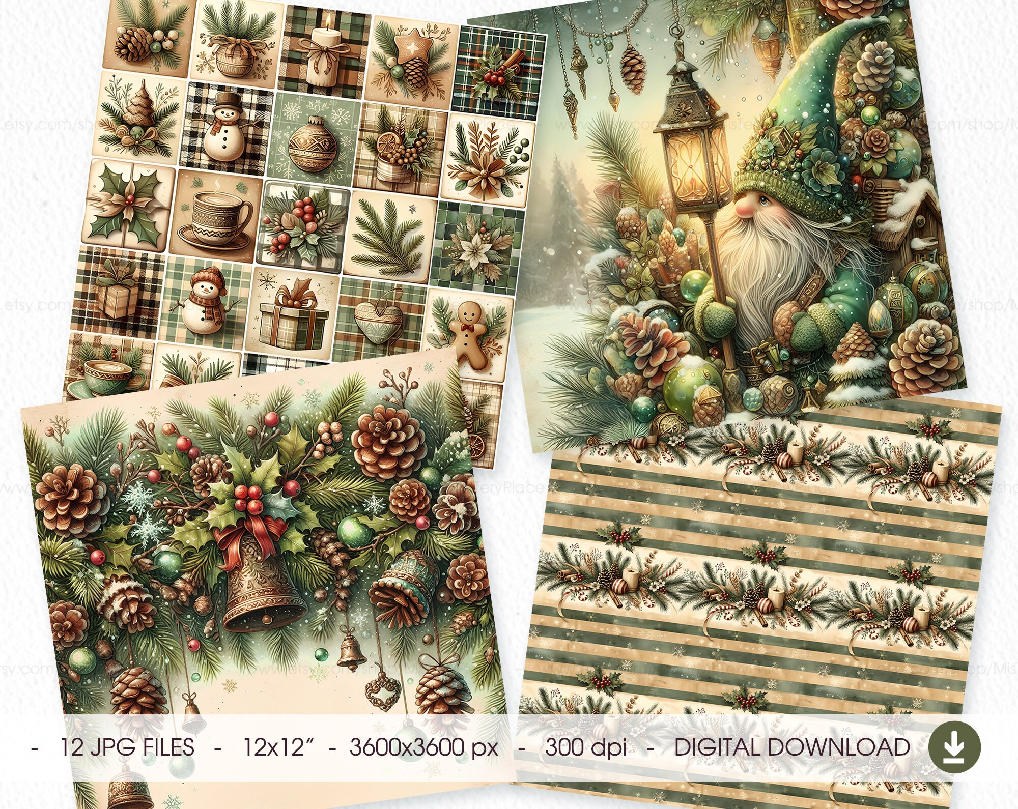 Vintage Green Christmas Digital Paper, Printable Magic Rustic Christmas ...