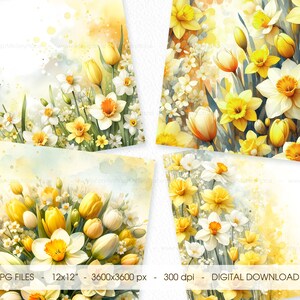 Spring Yellow Floral Digital Paper, Daffodils Watercolor Scrapbook ...