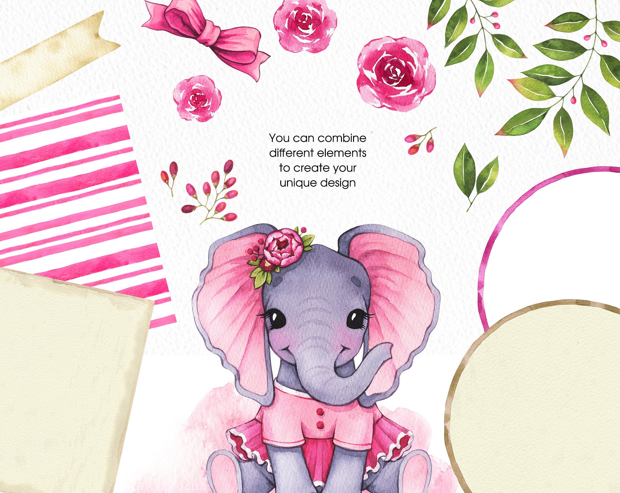 Baby Girl Elephant PNG Clipart. Pink Elephant Cute Watercolor - Etsy