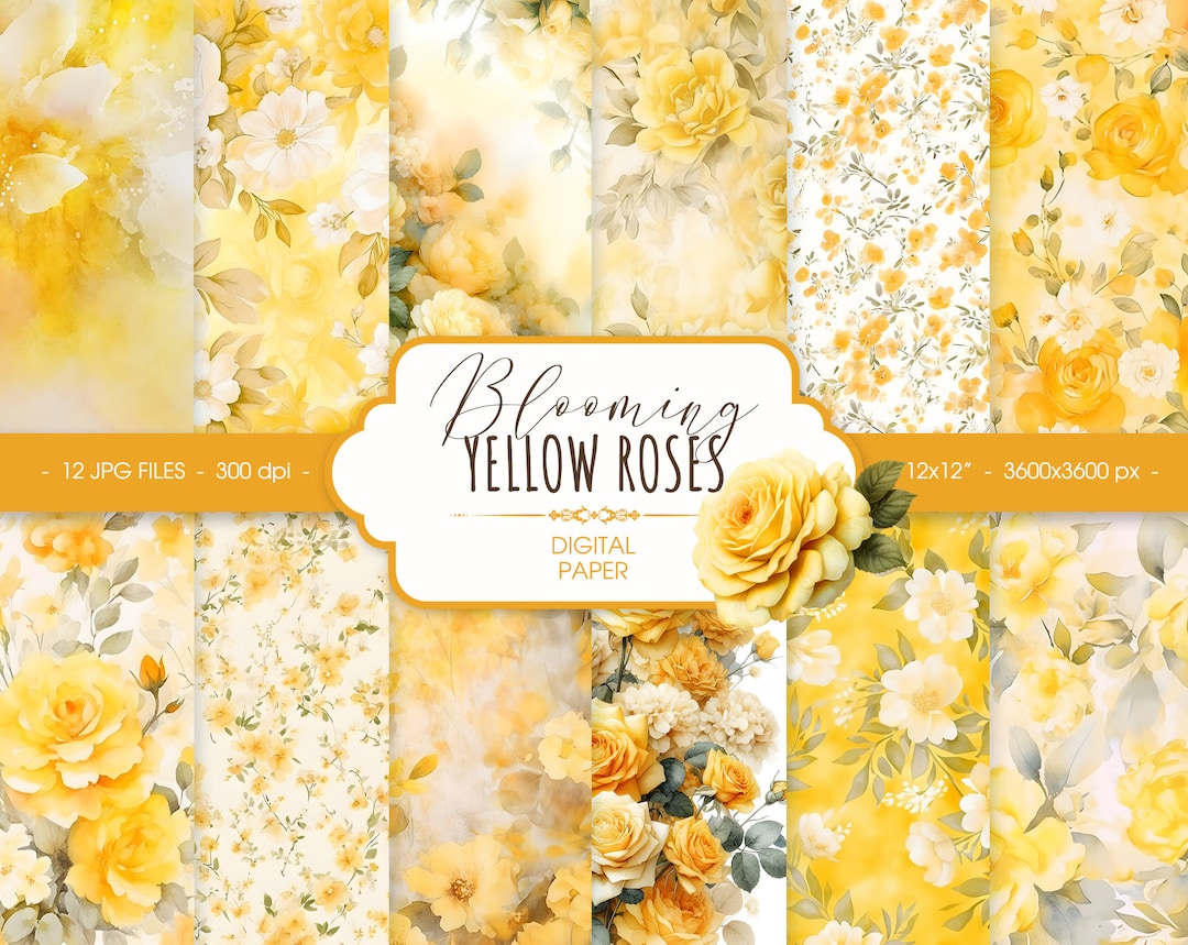 Yellow Floral Digital Paper, Yellow Rose Flowers Watercolor Scrapbook ...