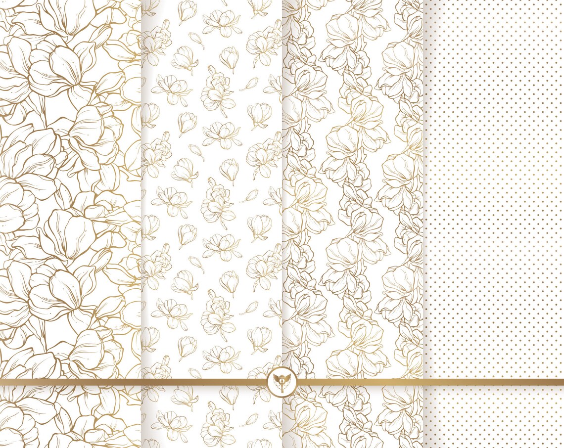 Gold Floral Digital Paper Pack. Line Art Magnolia Seamless Pattern PNG ...