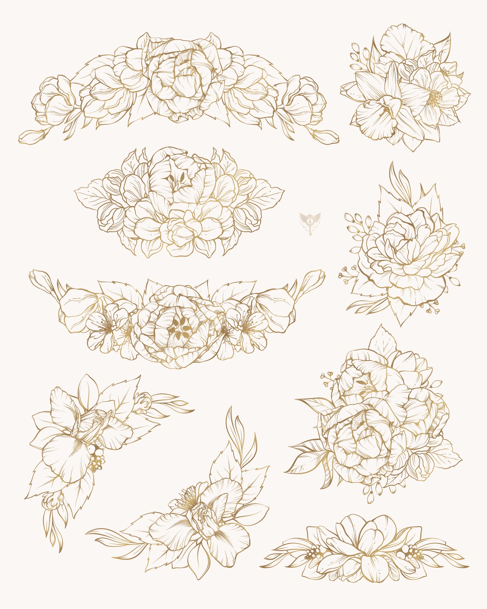 Gold Spring Flower Border Clipart. Flower Bouquet Line Art PNG - Etsy