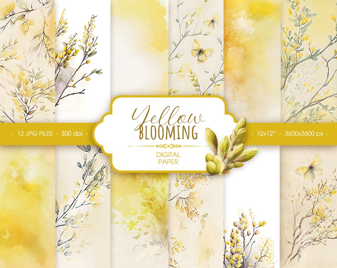 Yellow Floral Watercolor Digital Paper, Abstract Yellow Spring ...