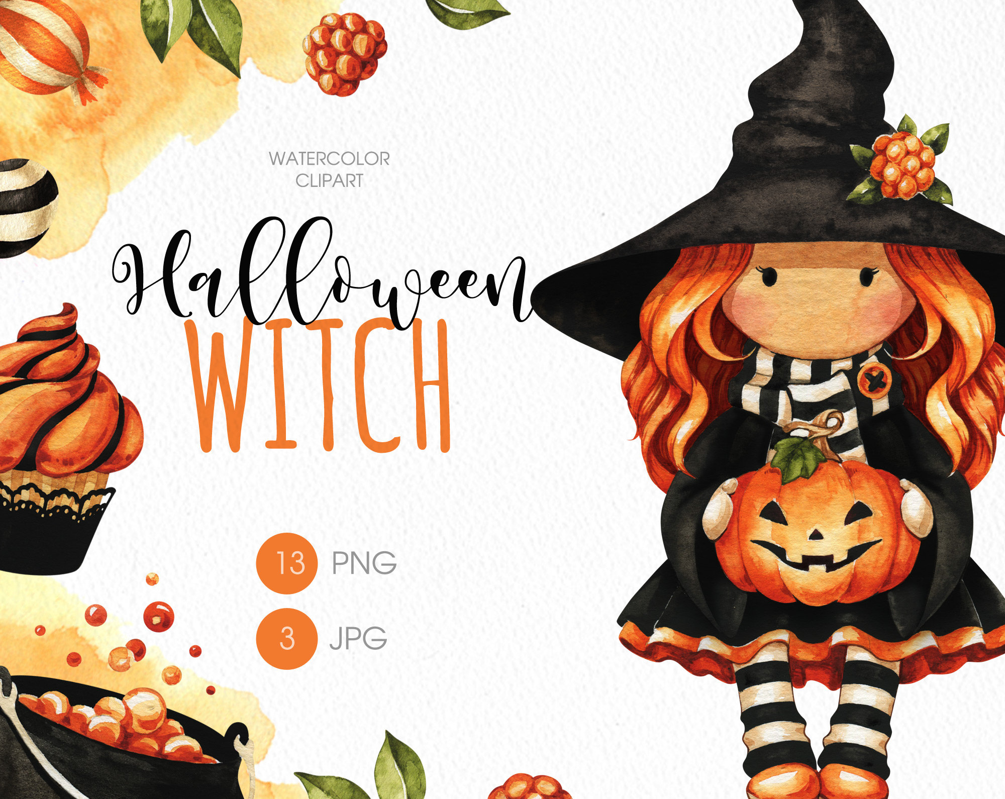 Halloween Witch PNG Clipart. Baby Witch Cute Watercolor | Etsy