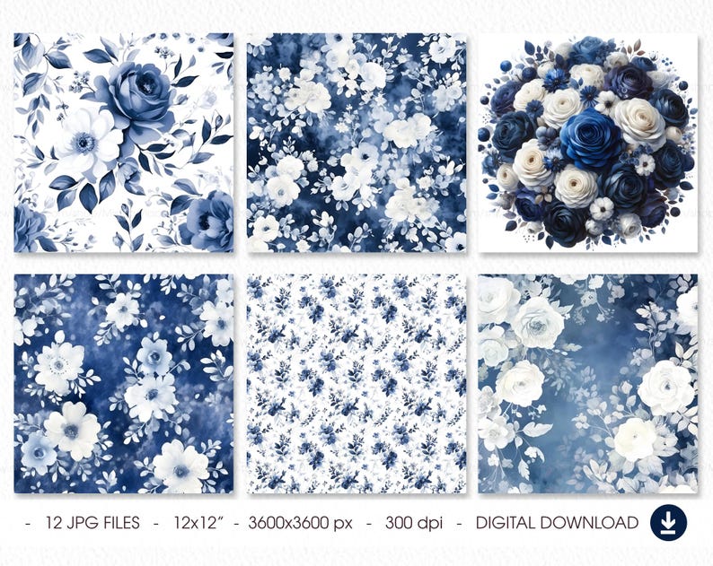 Navy Blue Floral Digital Paper: Watercolor Scrapbook Backgrounds (12x12 ...