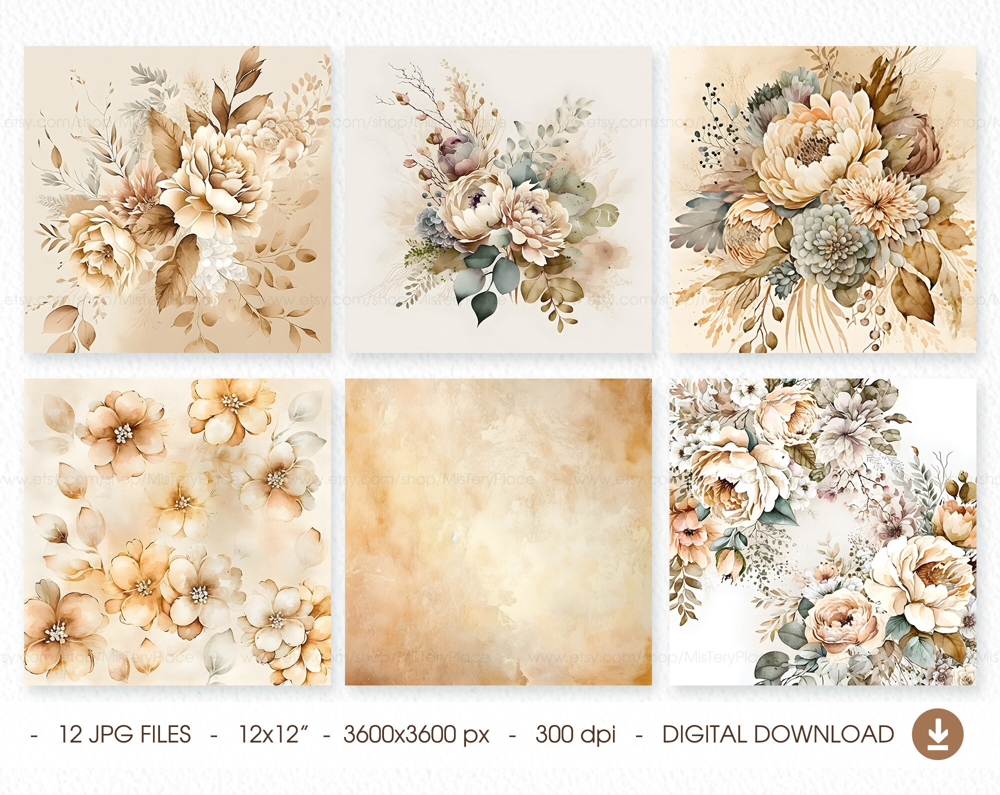 Boho Floral Digital Paper, Abstract Bohemian Wedding Scrapbook Paper ...