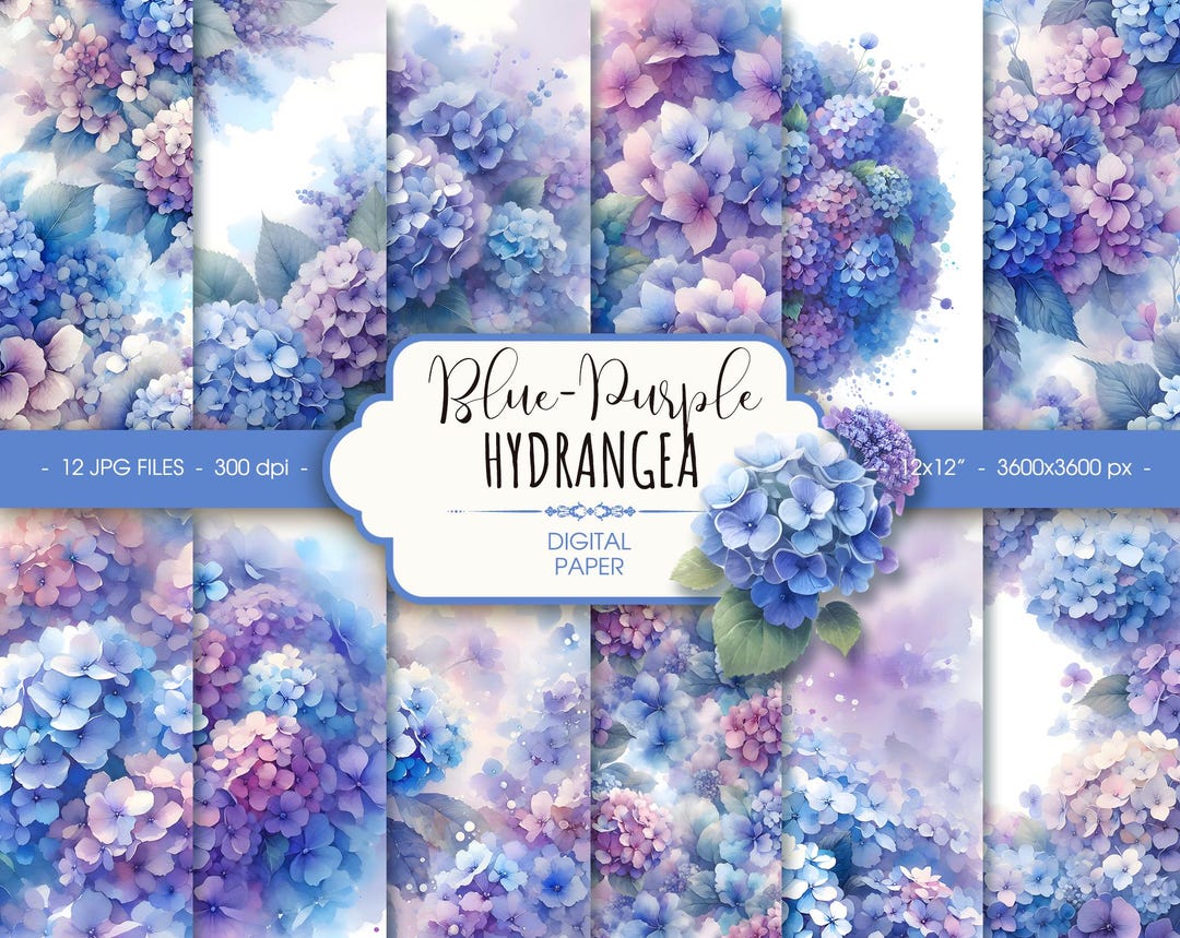 Hydrangea Floral Digital Paper, Blue Purple Watercolor Flowers Wedding ...