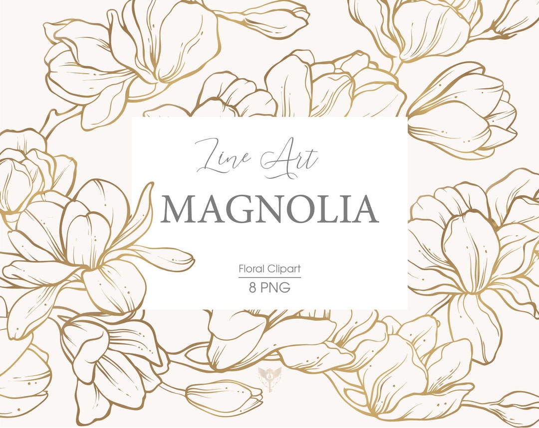 Gold Magnolia Flower Clipart. Floral Line Art PNG Clipart. Botanical ...
