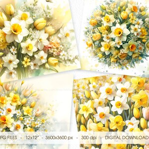 Spring Yellow Floral Digital Paper, Daffodils Watercolor Scrapbook ...