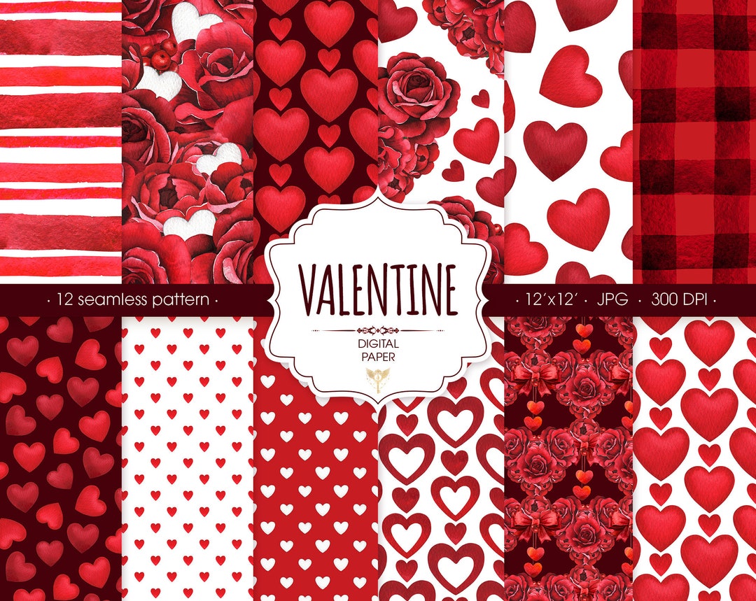 Valentine Digital Paper Pack, Seamless Watercolor Heart Pattern ...