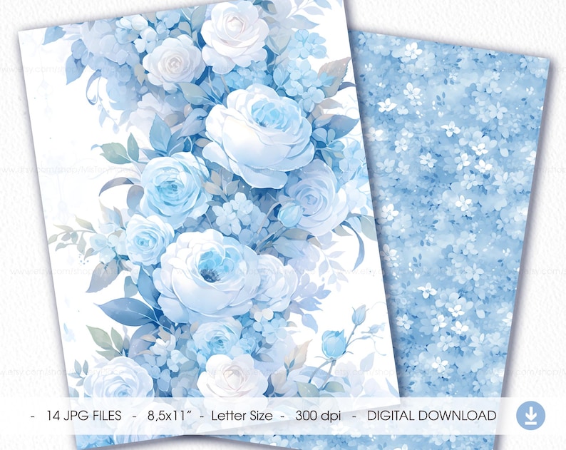 Blue Watercolor Floral Digital Paper: Scrapbook & Baby Shower ...