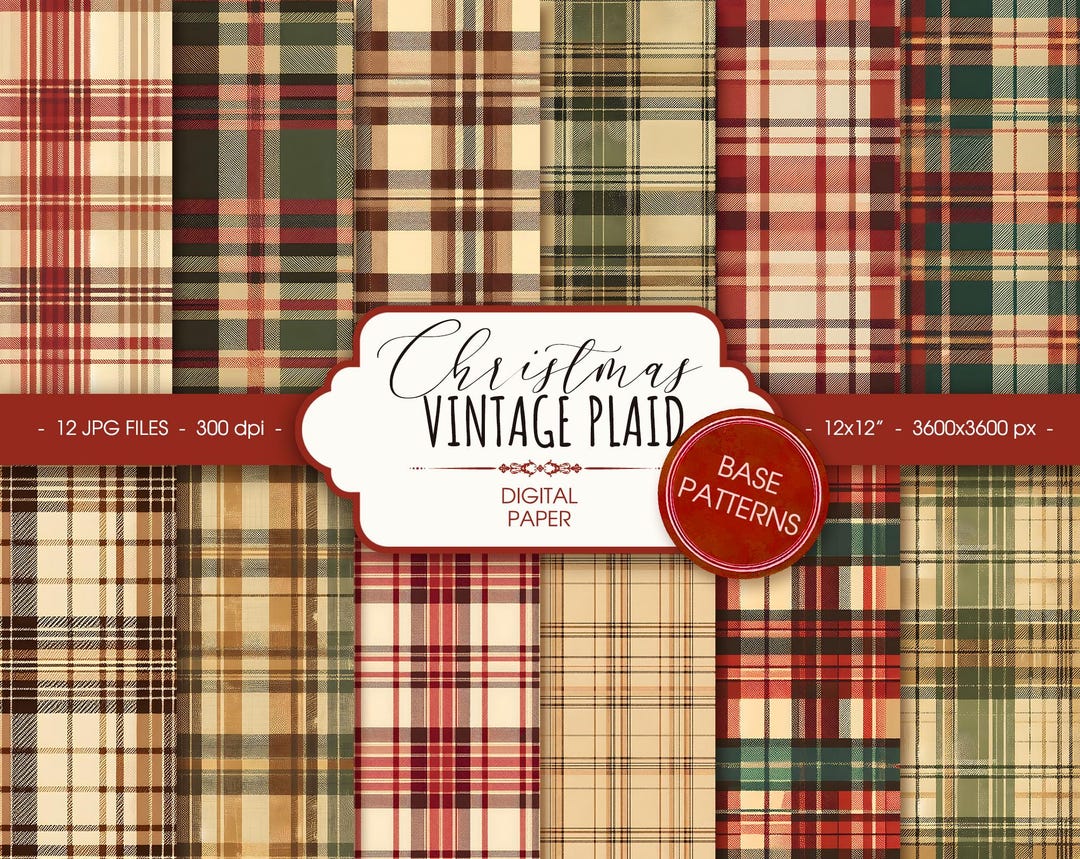 Vintage Christmas Plaid Patterns Digital Paper, Printable Rustic ...