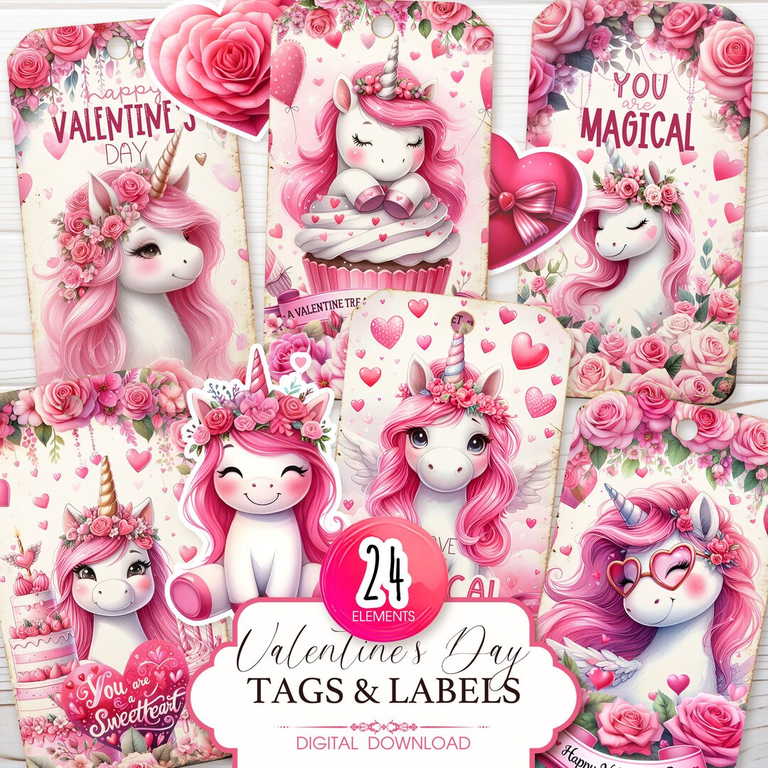 Unicorn Valentine Gift Tags, Printable DIY Valentine Labels and ...