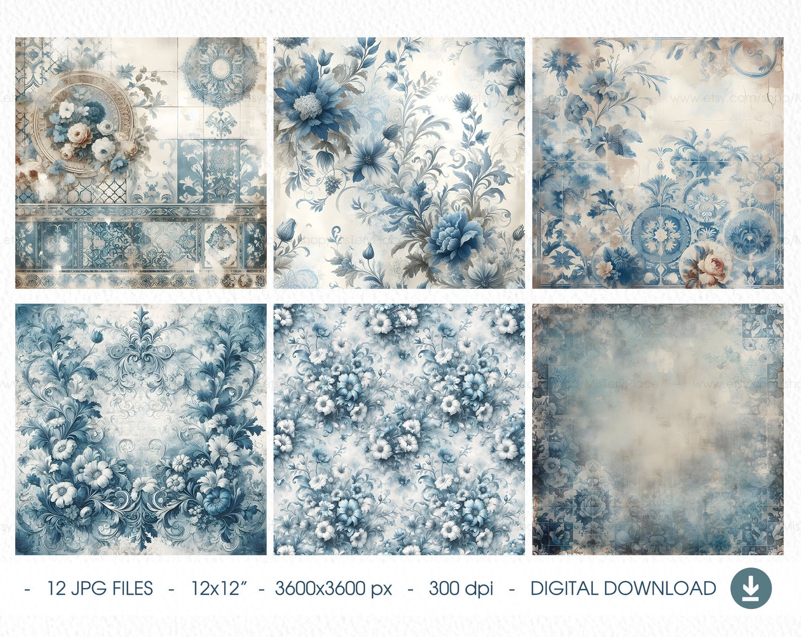 Vintage Blue Digital Paper, Shabby Chic Grunge Ornament Printable ...