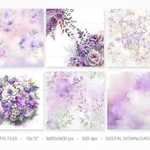 Lilac Floral Watercolor Digital Paper, Abstract Pastel Purple Scrapbook ...