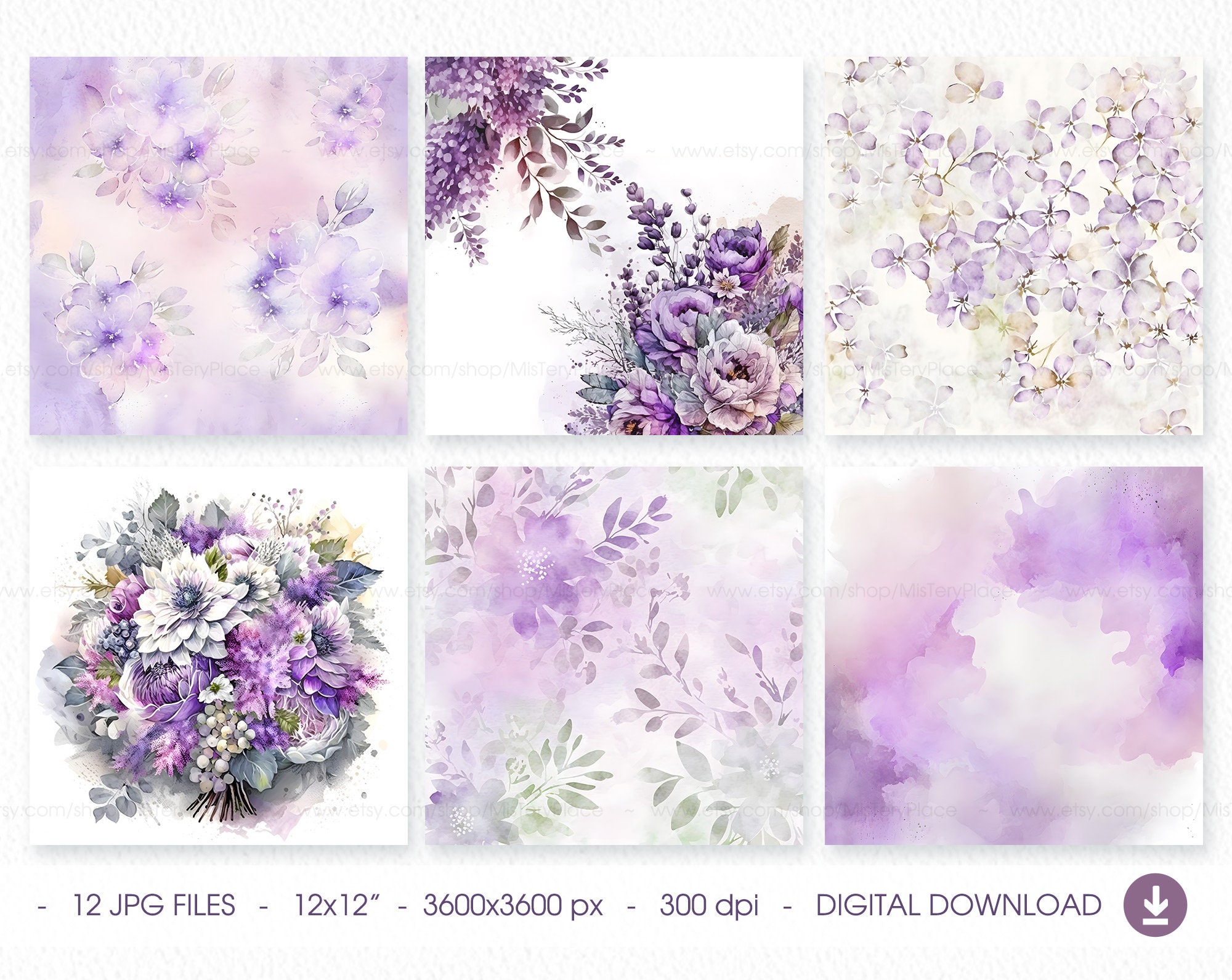 Lilac Floral Watercolor Digital Paper, Abstract Pastel Purple Scrapbook ...