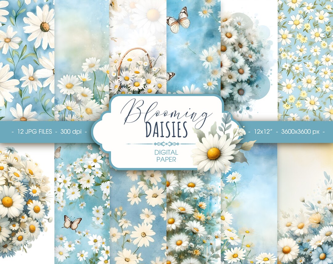 Daisy Floral Digital Paper, Abstract Watercolor Daisies Flowers ...