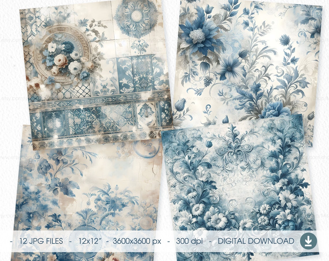 Vintage Blue Digital Paper, Shabby Chic Grunge Ornament Printable ...