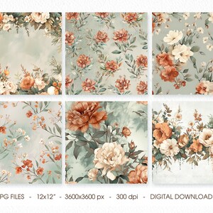 Terracotta and Sage Green Floral Watercolor Digital Paper, Rust Fall ...