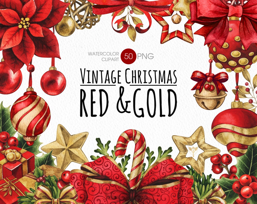 Vintage Christmas PNG Clipart. Watercolor Red and Gold Christmas ...