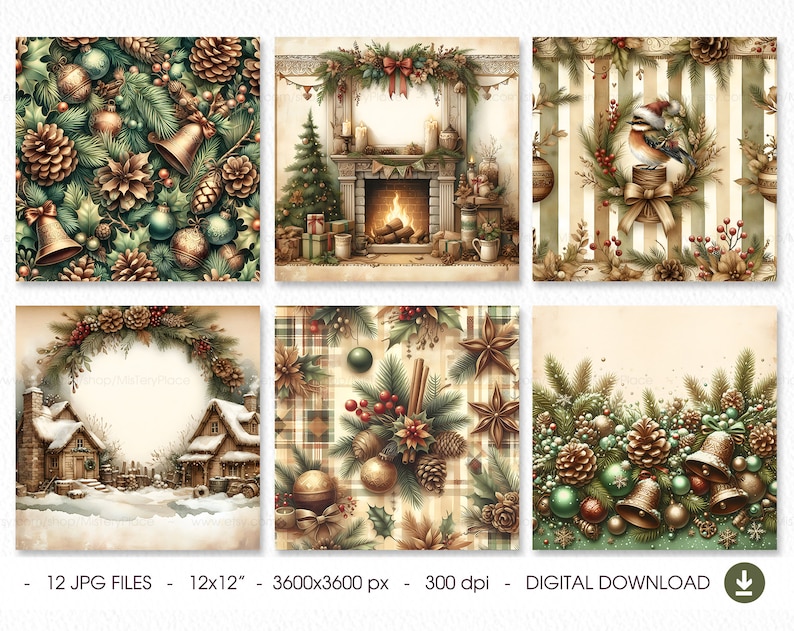 Vintage Green Christmas Digital Paper, Printable Magic Rustic Christmas ...
