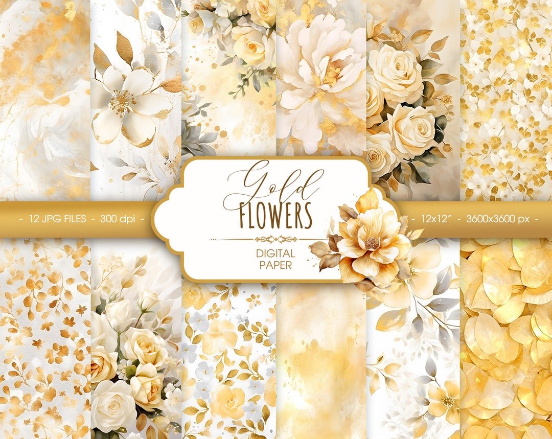 Gold Flowers Digital Paper, Abstract Floral Watercolor Scrapbook Paper ...