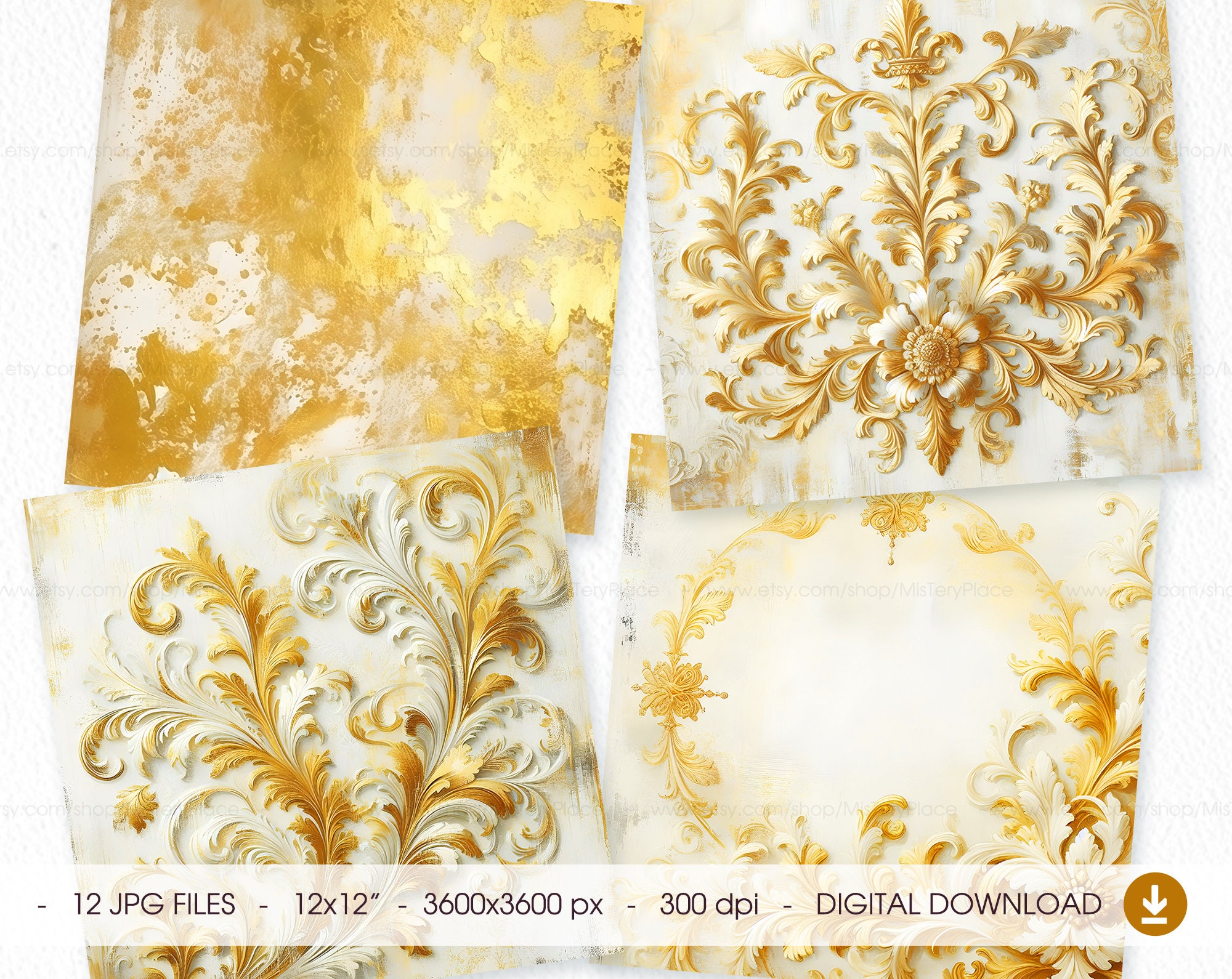 Victorian Gold Digital Paper, Shabby Chic Gold and White Damask ...
